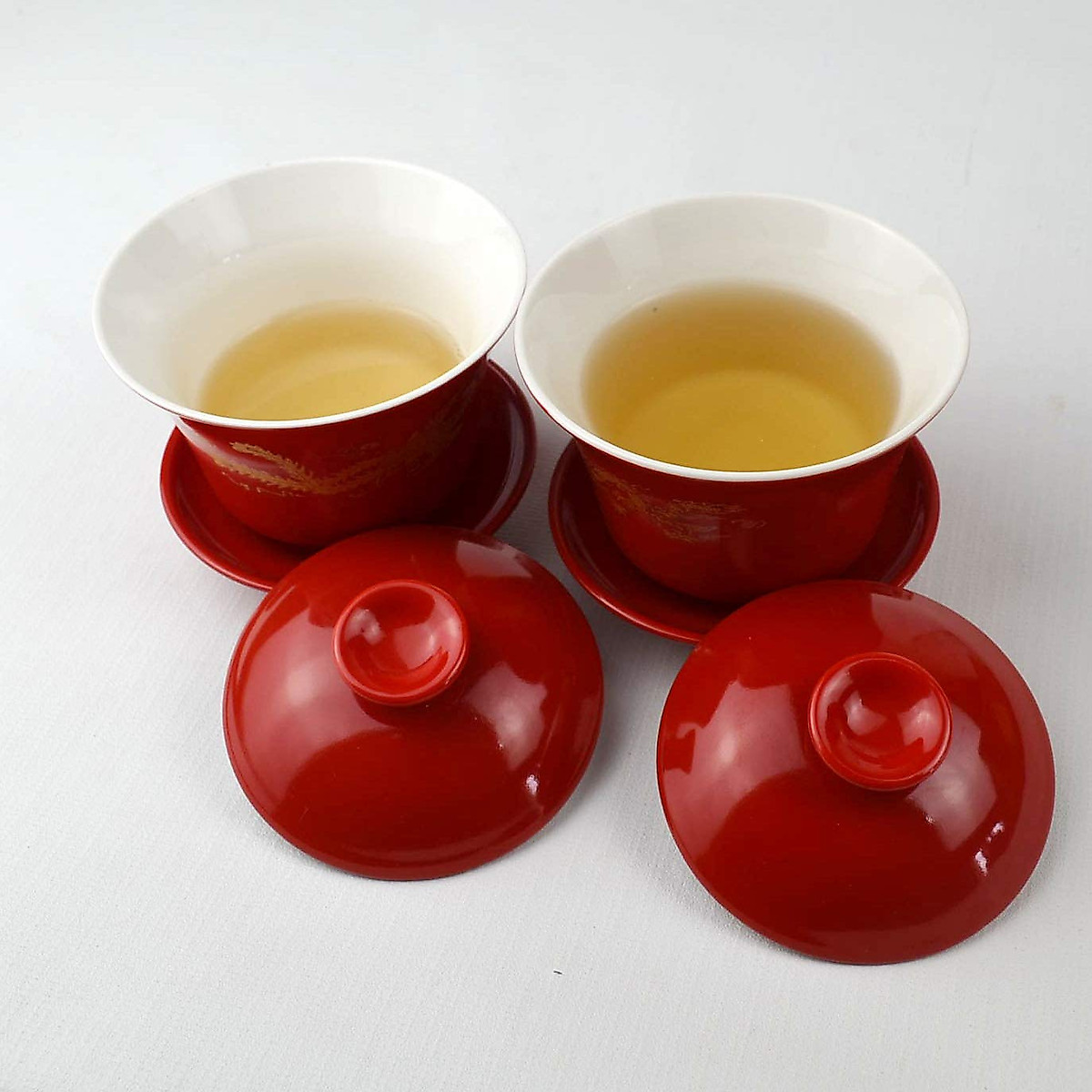 Gaiwan 2 Suits Porcelain Teacups 8oz Cups Chinese Dragon and Phoenix Cover Bowl Saucer Red tureen for Wedding Party (Dragon phoenix)
