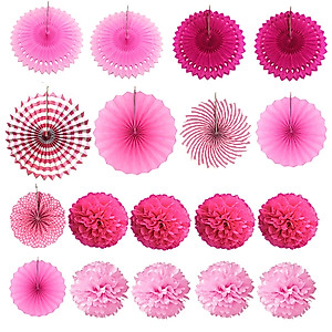 ZERODECO Party Decoration, 21 Pcs Pink Hanging Paper Fans, Pom Poms Flowers, Garlands String Polka Dot and Triangle Bunting Flags for Birthday Parties, Bridal Showers, Baby Showers, Wedding