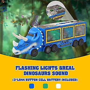 Dinosaur Toys for Kids 3-7,Toddler Dinosaur Toy with Music, Roaring Sound and Flashing Light, 14 in 1 Dinosaur Car Toy Truck with 3 Dino Cars, 3 Dino Figures, 2 Rocks, 2 Trees, 1 Ladder and 1 Door