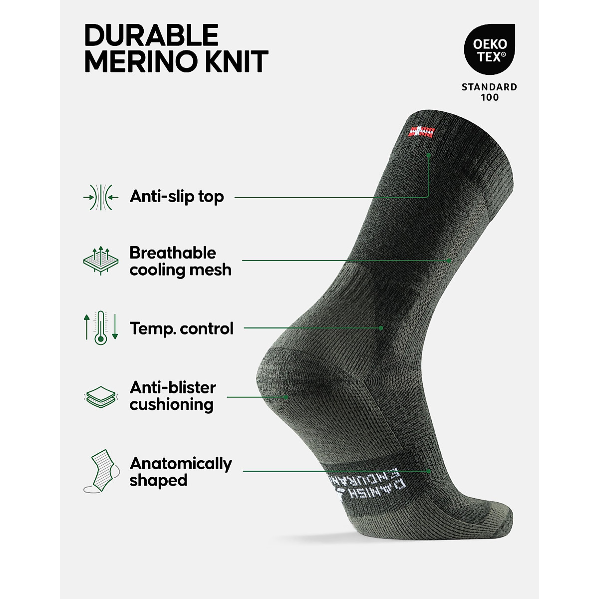 DANISH ENDURANCE Merino Wool Hiking Socks for Men & Women, 3-pack, Forest Green, Large