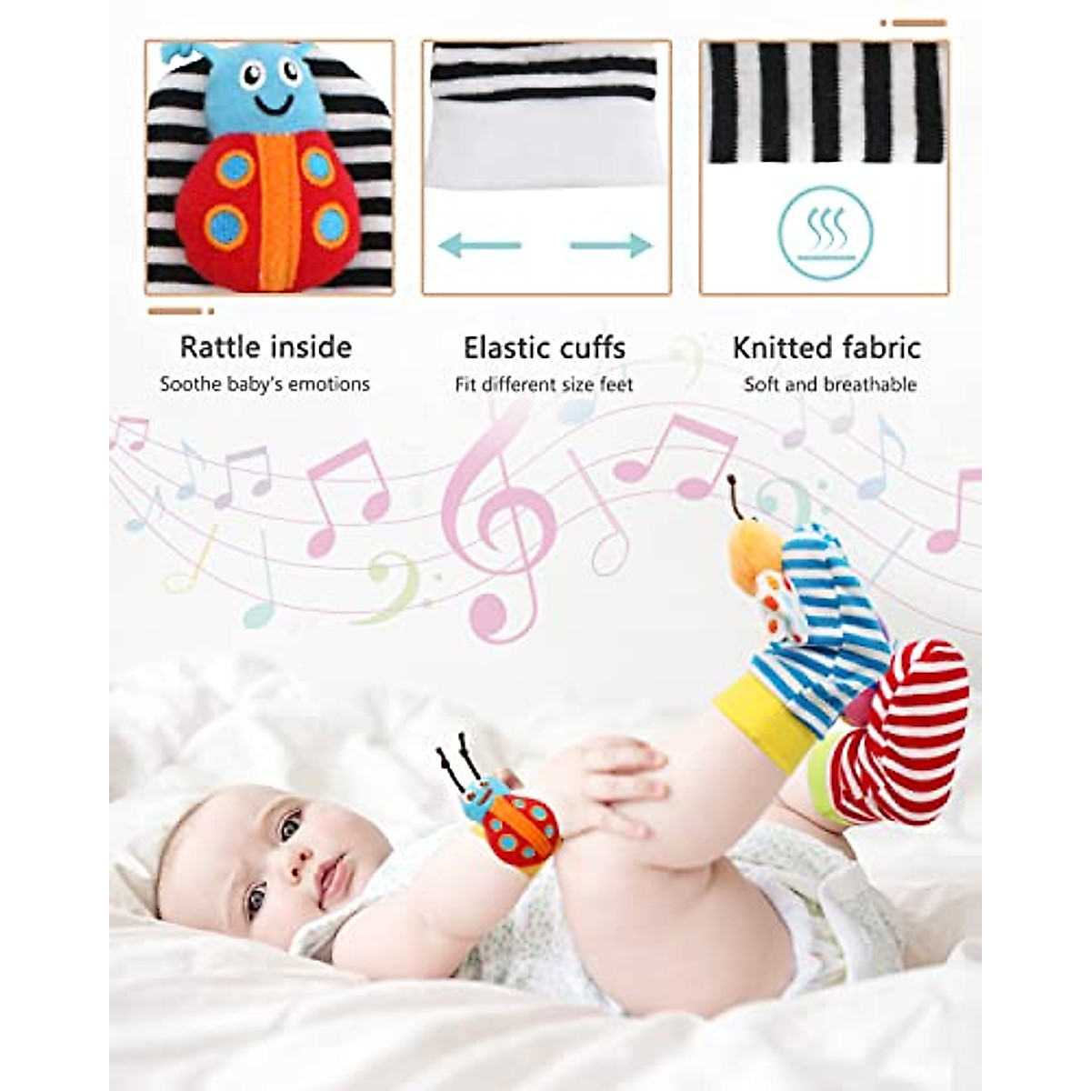 Newborn Baby Soft Rattle, Hand Bracelet Wrist Rattle Toy Foot Finder Sock, Arm Leg Babies Development Toys for Infant Bebe Boy & Girl (MG-8 PCS)