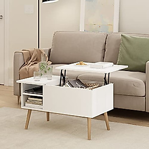 Furinno Jensen Wooden Leg Lift Top Coffee Table with Hidden Compartment and Side Open Storage Shelf for Living Room, Solid White