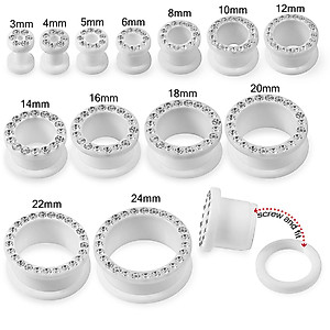 PiercingPoint 1 Piece of 00 Gauge - 10mm Multi Clear Crystal Stone Setting on White Acrylic Ear Gauge Flesh Tunnel