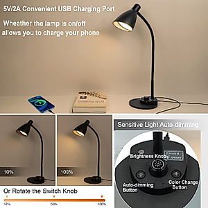 LiFMIRA Small Desk Lamp with USB Charging Port 3 Color Modes Light Induction Smart Auto-Dimming Reading Light CRI 90+ Flexible Gooseneck Desk Lamps for Home Office Dorm Study Room AC Adapter Included