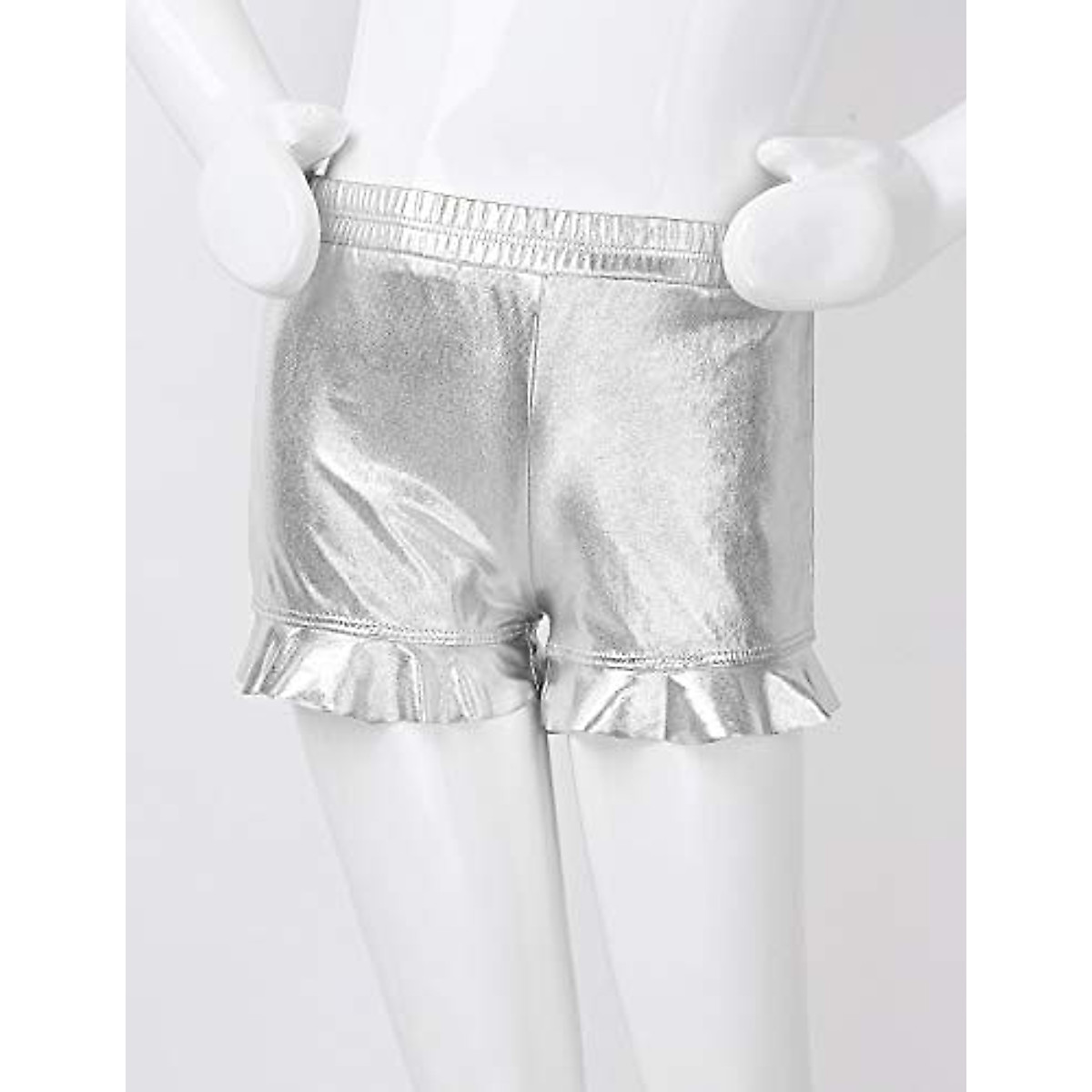 ranrann Kids Girls Metallic Shorts Shiny Hot Pants Tumbling Bottom Athletic Gymnastics Short for Cheer Dance Performance Silver 6
