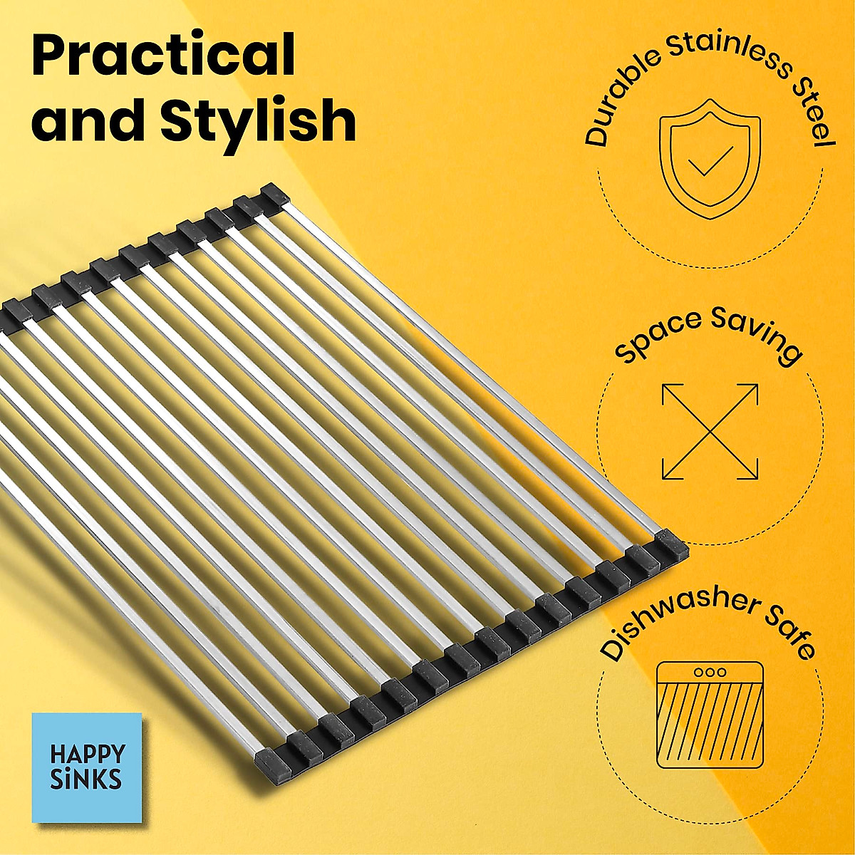 Happy Sinks Roll Up Dish Drying Rack - Foldable Stainless Design for Maximizing Kitchen Space - Over Sink Rack - Stainless Steel Over Sink Dish Drainer 18.1" x 12.6" - Drying Rack Kitchen (Steel)