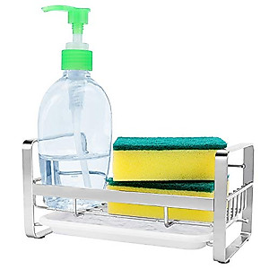 Kitchen Sink Caddy Organizer, Sponge Holder for Sink, Sponge、Soap and Brush Holder/Organizer with Drain Pan, 304 Stainless Steel Rustproof Sponge Holder for Sink