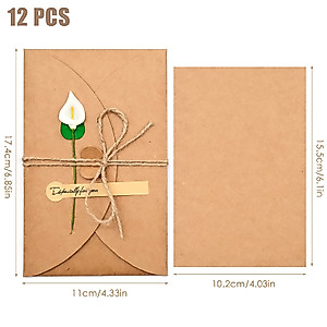 JJYHEHOT 12 Packs Dried Flowers Greeting Card with Envelopes, Brown Retro Kraft Holiday Gift Card, DIY Invitation Wish Card Note Card Thank You Card for Birthday Christmas