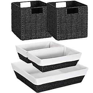 Vagusicc Storage Basket, Set of 2 Foldable Cube Hand-Woven Paper Rope Wicker Baskets 11 inches + Set of 3 Woven Paper Rope Wicker Handles Baskets for Storage with Liners