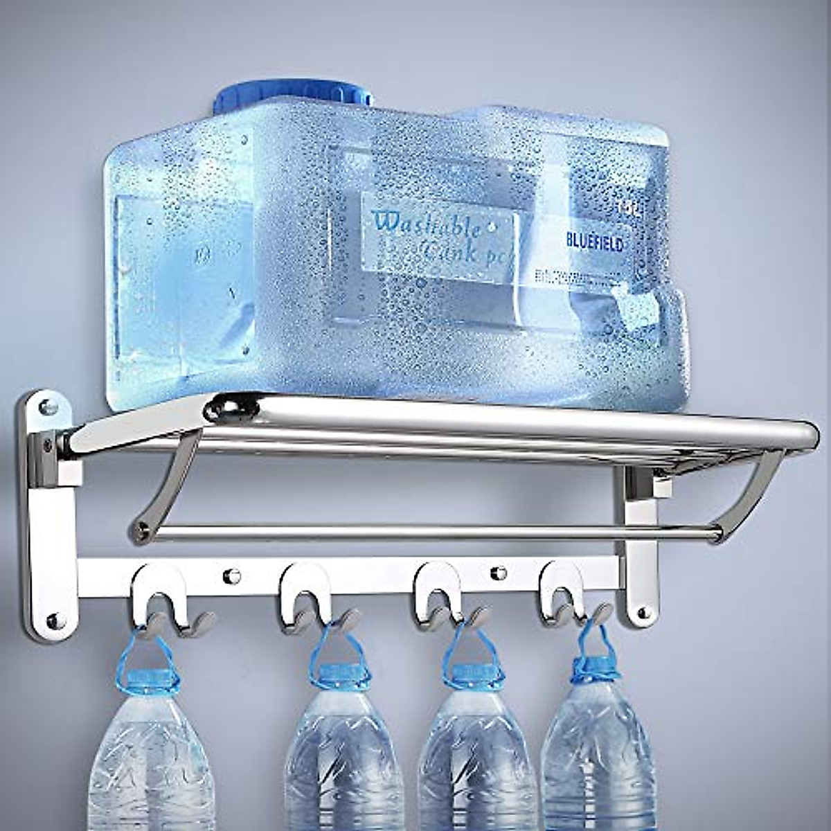 HOONEX Foldable Towel Rack for Bathroom Wall Mounted, 24-Inch Towel Shelf with Towel Hooks and Adjustable Towel Bar, 304 Stainless Towel Holder, Polished Silver