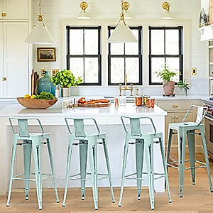 Changjie Furniture Metal Bar Stools Set of 4 Distressed Industrial Counter Bar Stool with Backs Bistro Cafe Barstools(30 inch, Distressed Blue-Green)