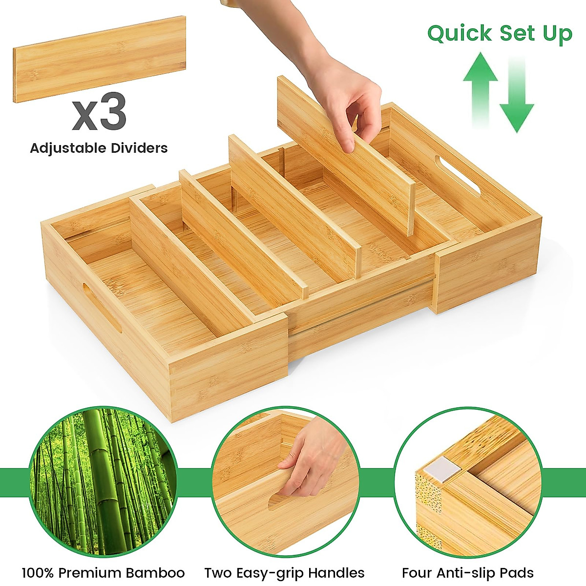 Kiasthome Expandable Bamboo Lid Organizers Inside Cabinet, Kitchen Cabinet Organizers with 3 Adjustable Dividers, Storage Plastic Lids, Food Container Lid Holder Organizer for Drawer Pantry, Nature