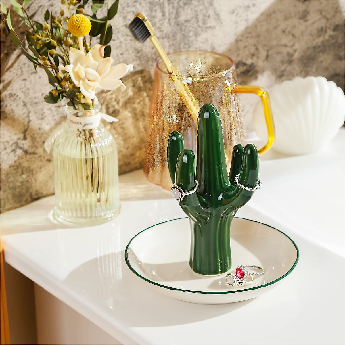 PUDDING CABIN Cactus Ring Holder Green Jewelry Dish for Rings Earrings Bracelets Necklace Organizer, Cactus Gift for Women Birthday Wedding Graduation Christmas Valentines, Room Decor Aesthetic