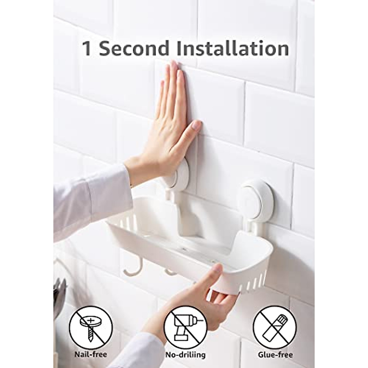 4OURVAN Spice Storage Rack Vacuum Shower Caddy with 4 Hooks Suction Cup Bathroom Kitchen Organizer Shelf Rack Shower Basket Wall Mounted Organizer for Shampoo | Spice | No-Drilling Removable Reusable