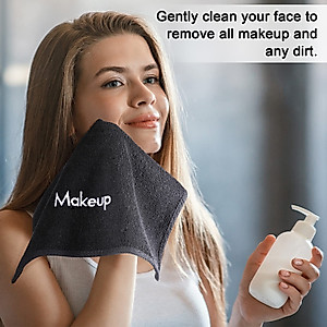 Chumia 18 Pcs Makeup Remover Towels 13 x 13 Face Cotton Washcloths with Makeup Embroidery Black Facial Reusable Makeup Remover Cloth Soft Cleansing Makeup Washcloths Holiday Gift for Women