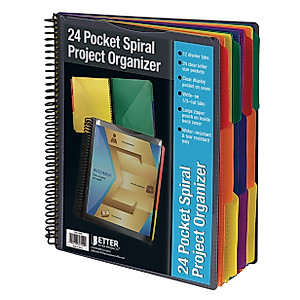 24 Pocket Poly Spiral Project Organizer, Heavy Duty, with Back Cover Utility Pouch, 1/3 Cut Tabs, 12 Tab Color Dividers, Clear View Front Cover, Letter Size, Project Folder, by Better Office Products