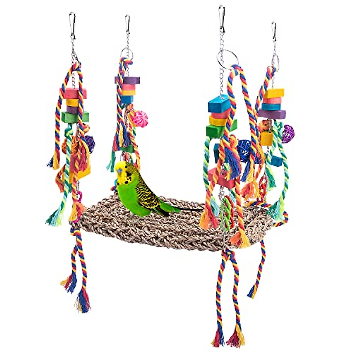 Bird Toys, Parrot Foraging Wall Toy, Edible Seagrass Woven Hammock Swing Perch with Colorful Chewing Toys for Lovebirds, Finch, Parakeets, Budgerigars, Conure, Cockatiel, Canary, Amazon, African Grey