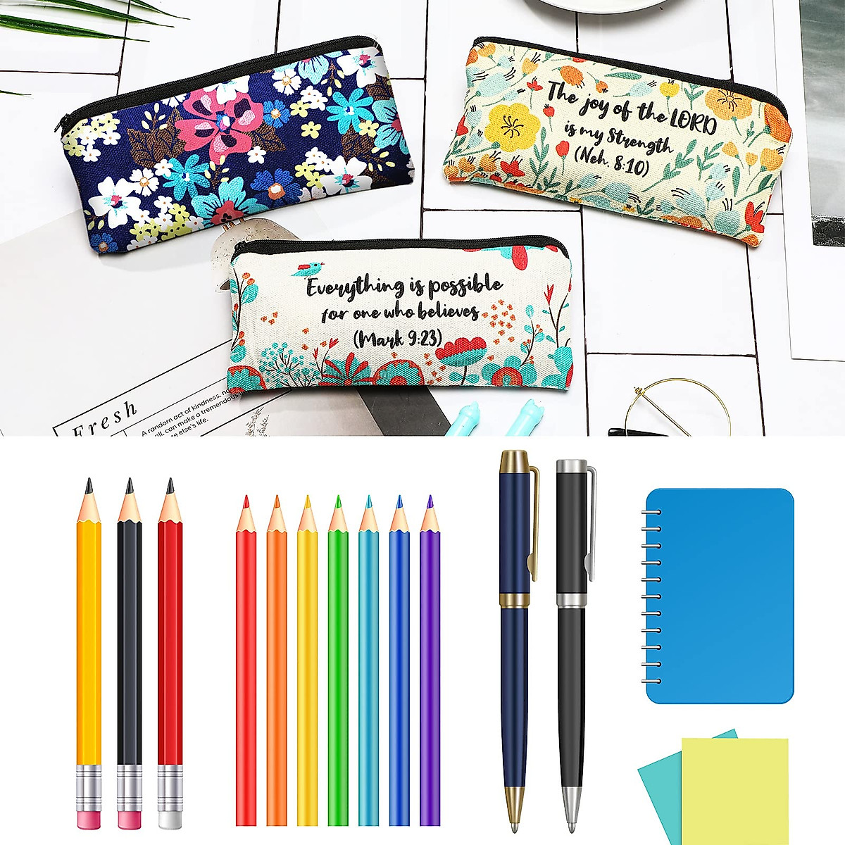 4 Pieces Inspirational Bible Verse Pencil Pouch Christian Pencil Case Scripture Makeup Bags Canvas Cosmetic Bags for Students Office Journaling Supplies (Bible Verse Pattern,7.8 x 3.8 Inch)