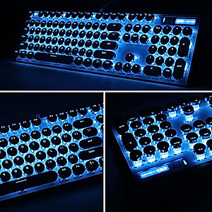Camiysn Typewriter Style Mechanical Gaming Keyboard, White Retro Punk Gaming Keyboard with Blue Backlit, 104 Keys Blue Switch Wired Cute Keyboard, Round Keycaps for Windows/Mac/PC