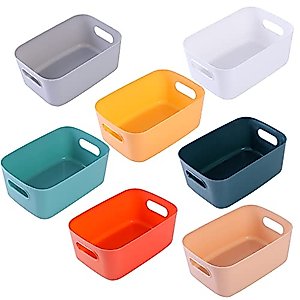 HapiLeap Plastic Storage Bins, Multiple Colour Organisation Storage Baskets for Kitchen, Cupboard, Office, Bathroom, Toy, Home Tidy Open Storage Bins with Handles (Medium (7 Packs))