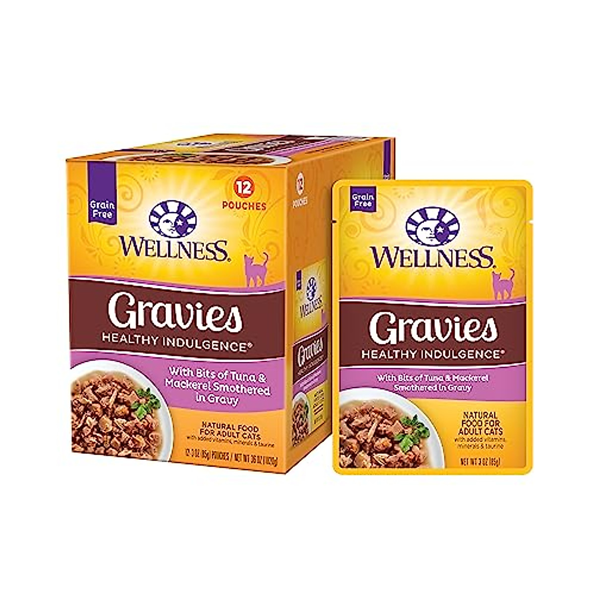 Wellness Healthy Indulgence Gravies Grain-Free Wet Cat Food, Made with Natural Ingredients and Quality Proteins, Complete and Balanced Meal, 3 oz Pouches (Tuna & Mackeral in Gravy, 24 Pack)