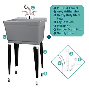 Grey Utility Sink Laundry Tub With Pull Out Stainless Steel Finish Faucet, Sprayer Spout, Heavy Duty Slop Sinks For Basement, Garage or Shop, Large Free Standing Wash Station Tubs and Drainage