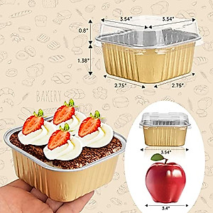 50 Pcs Mini Square Baking Cups with Lids,5oz Aluminum Foil Mini Cake Pans with Lids,Disposable Ramekins Cake Pans,150ml Dessert Cups Cupcake Pans for Wedding Birthday Party,Gold