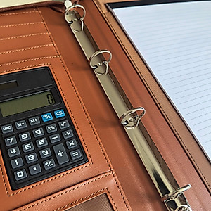 Portfolio Binder Organizer PU Leather Padfolio with 4 Ring Binder & Handle Zipper Padfolio for Documents Resume Tablet Business Cards Notebook Organizer Solar Calculator Included (Brown 4-Ring)