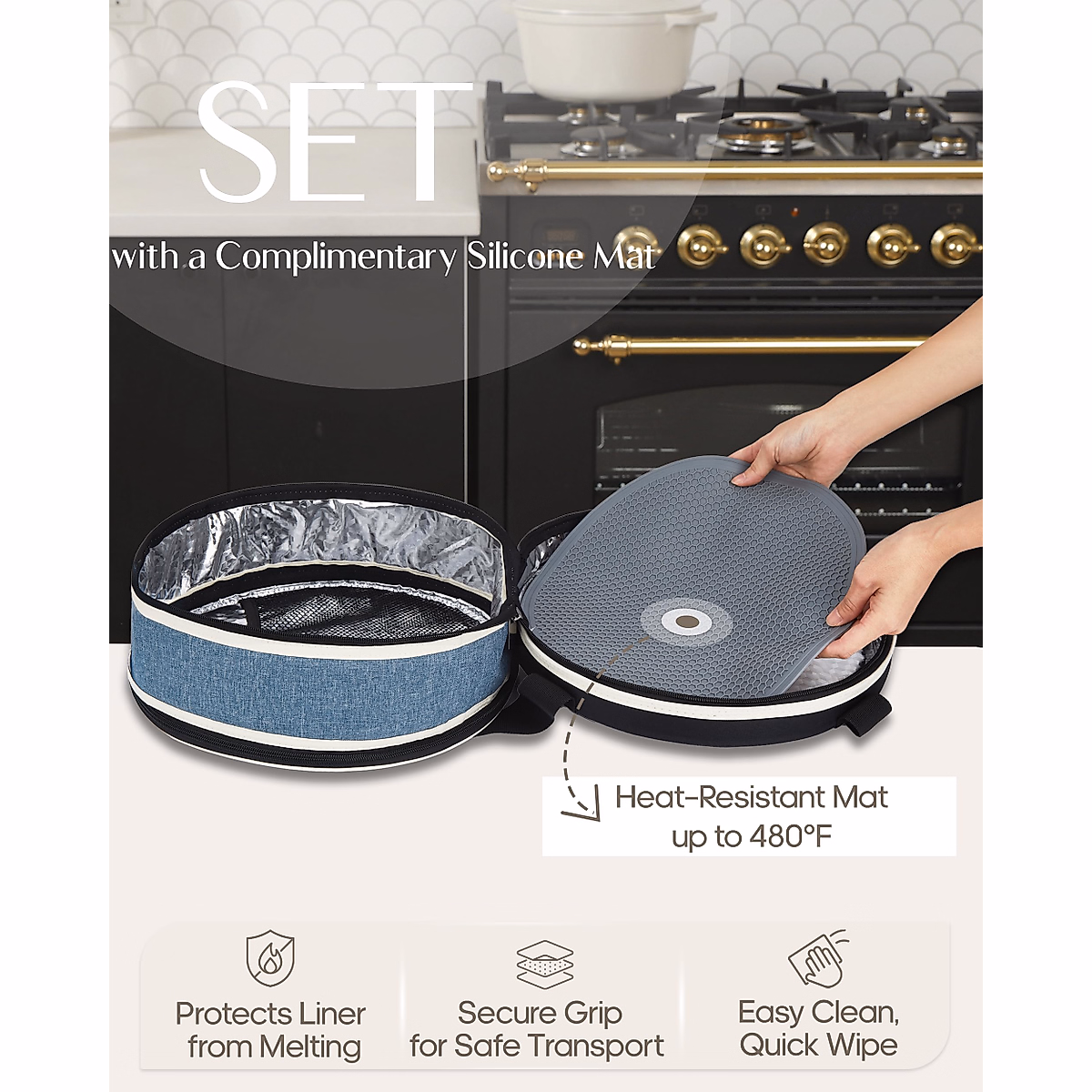 Nestamor Premium Insulated Round Casserole Carrier & Pie Carrier (12.5" x 6") with Heat-Resistant Mat – Collapsible Pie, Cake and Cheesecake Holder with Lid and Handle for transport [Denim Blue]