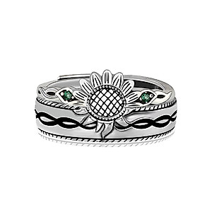 Carol&Allen 925 Sterling Silver Couple Rings Sunflower and Sun Adjustable Loose Band Rings