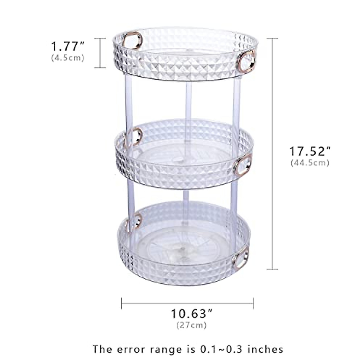 ROWNYEON Rotating Makeup Organizer 3 Tier Makeup Carousel with Handle, Bathroom Organizer Diamond Texture Perfume Organizer Spinning Cosmetics Organizer for Vanity, Pantry, Countertops, Kitchen