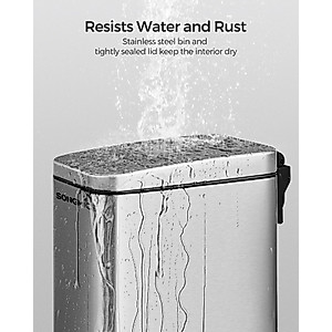 SONGMICS Bathroom Trash Can and Toilet Brush Set, 1.3 Gallon Small Trash Bin with Lid, Slim for Small Spaces, Stainless Steel Garbage Can, Soft Close, Silver ULTB560E0501