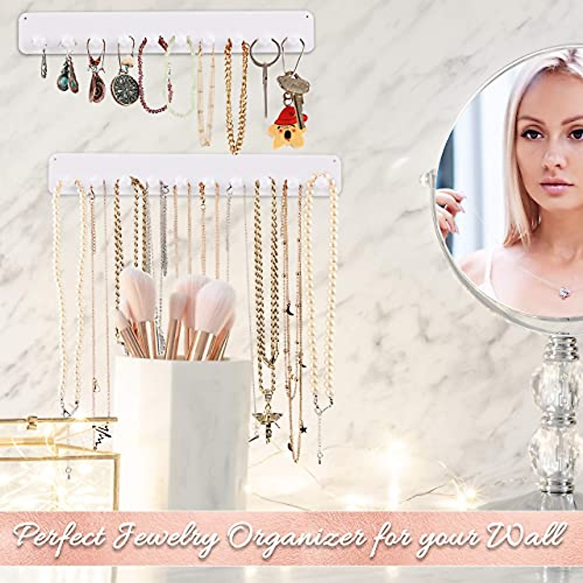 Boxy Concepts Necklace Organizer - 2 Pack - Easy-Install 10.5"x1.5" Hanging Necklace Holder Wall Mount with 10 Necklace Hooks - Beautiful Necklace Hanger also for Bracelets, Earrings, and Keys (White)