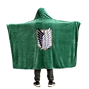 Anime Throw Blanket Flannel Fleece Blanket Cosplay Hooded Cloak Shawl Wrap Nap Quilt (Green, 47''X 65'')