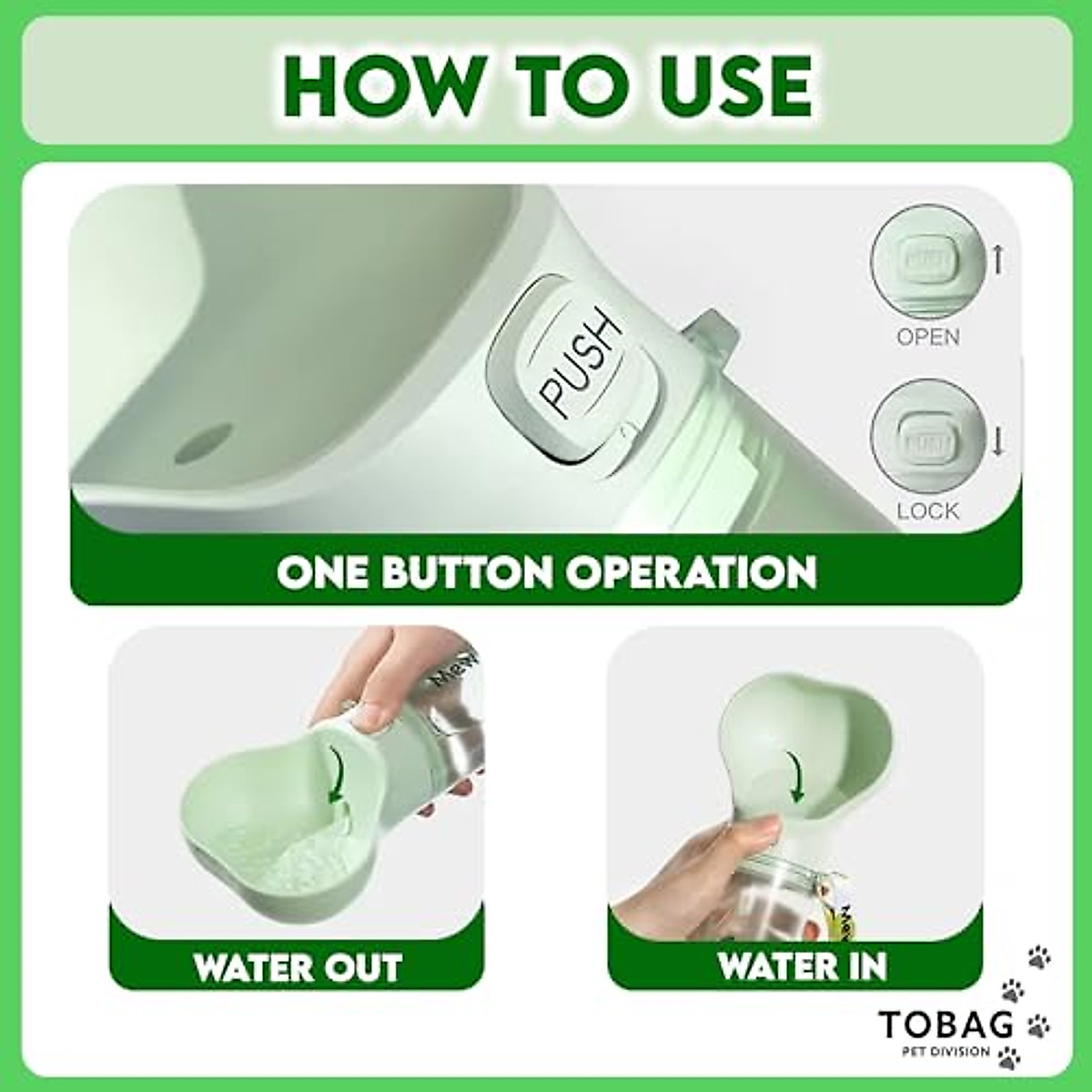 Dog Water Bottle Portable - Leak Proof Dog Travel Water Bottle for Outdoor Walking and Hiking - Dog Water Bottle Dispenser with Two Poop Bags - Green Water Bottle for Dogs with Bowl (10oz)