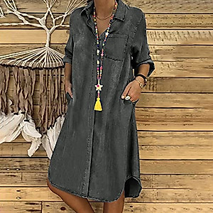 FRETRG Loose Women Dress Denim Dress Long Sleeve Pocket Casual Womens Plus Size Chiffon Evening Dresses Long Prom Black