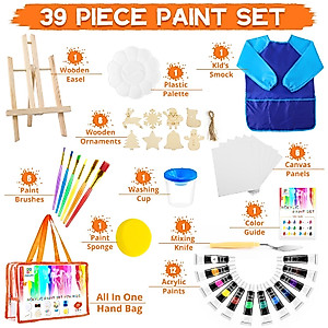 POPYOLA Acrylic Paint Set for Kids, Non Toxic Kids Painting Set with Tabletop Easel, Acrylic Paints, Smock, Canvases, Wooden Stencils, Brushes, Painting Kit Gift for Beginner Student Toddlers