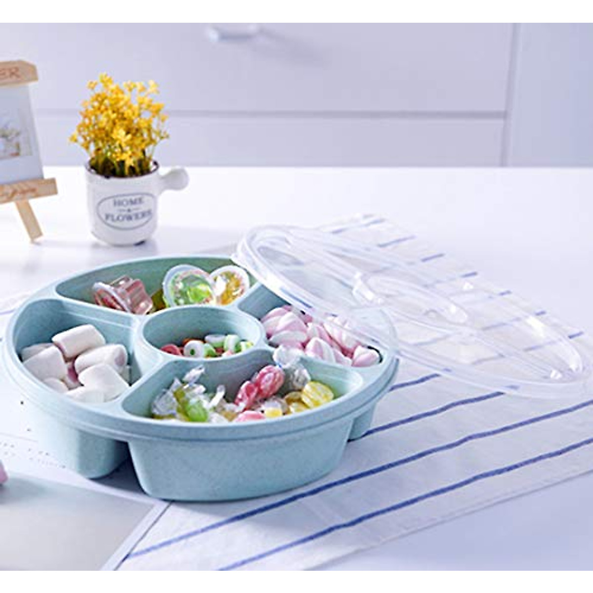 Yesland 4 Pack 11.25 Inch Serving Trays with Lid - 4 Compartment Round Wheat Straw Candy and Nut Serving Container, Food Storage - Divided Camping Snack Plate & Dish Platter