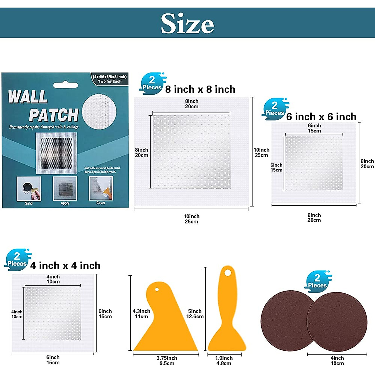 Tahikem 6 Pcs Drywall Repair Patch, 4" 6" 8" Two of Each Wall Patch Repair Kit, Self Adhesive Wall Mesh Repair, Large Hole Patch for Drywall, Sheet Rock Patch, Aluminum Metal Sheetrock Ceiling Patch