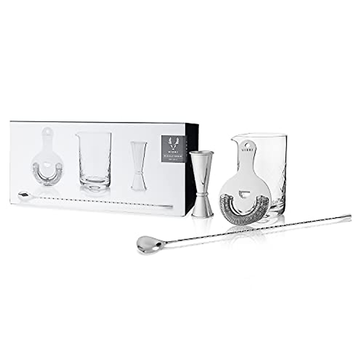 Viski Stainless Steel Bartender Set 4pcs Kit, Drink Mixers for Cocktails Gift Essentials: Mixing Glass, Hawthorne Strainer, Double Jigger and Barspoon, Silver