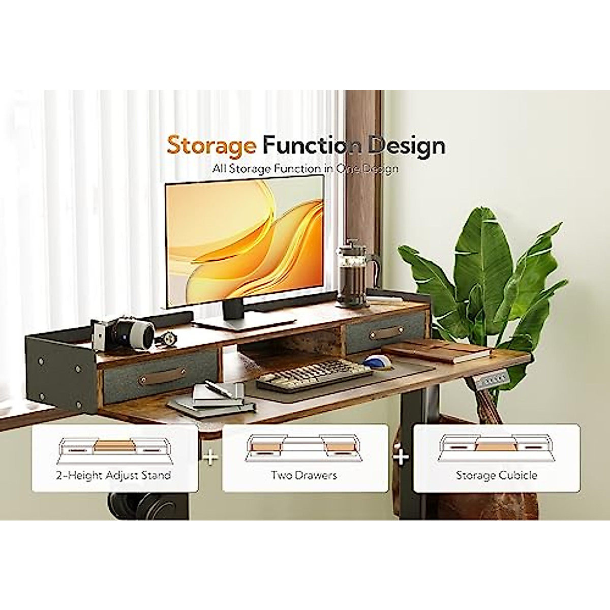 Claiks Standing Desk with Drawers, Stand Up Electric Standing Desk Adjustable Height, Sit Stand Desk with Storage Shelf and Splice Board, 48 Inch, Rustic Brown