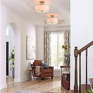 Bargeni Flush Mount Ceiling Light,13 inch Mid Century Modern Ceiling Light Fixture,Antique Brass with Fabric Shade,3-Light Drum Light Fixture for Bedroom,Dinning Room,Foyer and Kitchen