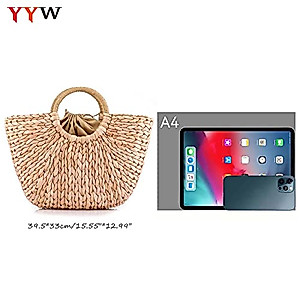 Summer Rattan Bag for Women Straw Hand-woven Top-handle Handbag Beach Sea Straw Rattan Tote Clutch Bags (Khaki)