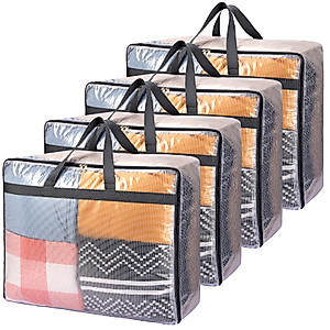 Fixwal 4 Pack Blanket Storage Bags, 75l Extra Large XL Clear Storage Bags with Zipper, Zippered Storage Bags for Blankets, Quilts, Clothes, Comforter, Bedding and Pillows