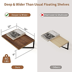 Axeman Walnut Floating Shelves 12 Inch Deep, Rustic Wall Mounted Floating Shelves Set of 2, 16W x 12D Floating Wall Shelves for Decor & Storage, Walnut Shelves Living Room Bedroom Bathroom, Walnut