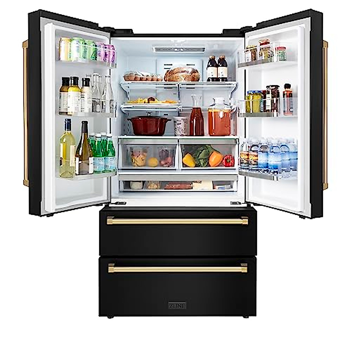 Z Line Kitchen and Bath ZLINE 36" Autograph Edition 22.5 cu. ft Freestanding French Door Refrigerator with Ice Maker in Fingerprint Resistant Black Stainless Steel with Gold Accents (RFMZ-36-BS-G)
