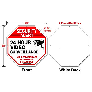 2-Pack Video Surveillance Sign, 10 x 10 Rust Free .040 Aluminum Security Warning Reflective Metal Signs, Indoor or Outdoor Use for Home Business CCTV Security Camera, UV Protected & Waterproof,Red