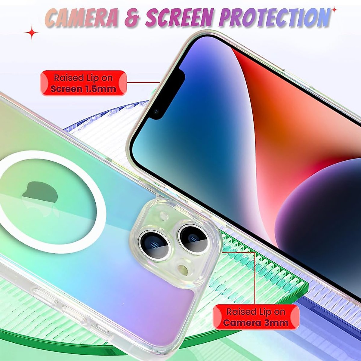 Bonoma for iPhone 14 Case Magnetic 【Support for MagSafe】 Bling Laser Florescent Iridescent Crystal Luxury Case Camera Protector + 2* Screen Protector Shockproof Edge Cover Case -Clear
