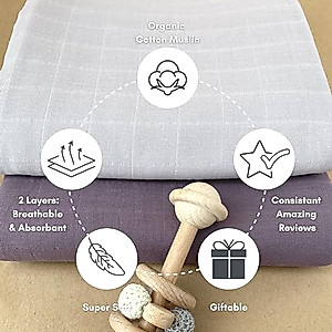 MOZAH Organic Muslin Swaddle Blankets - Set of 2 Large Soft Baby Blankets for Girls and for Boys 47 x 47 inches - Newborn Swaddle Baby Receiving Blankets Swaddling Wrap (Charcoal and Grey)
