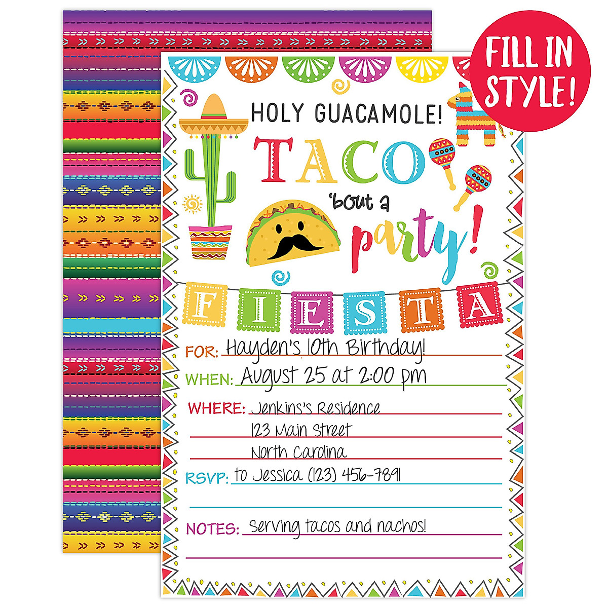 Fiesta Invitation - Fiesta Birthday Party Invitation - Mexican Fiesta Birthday Party Invitation - Taco Bout a Party Invitation - Taco Tuesday - 20 Fill-In Invitations With White Envelopes